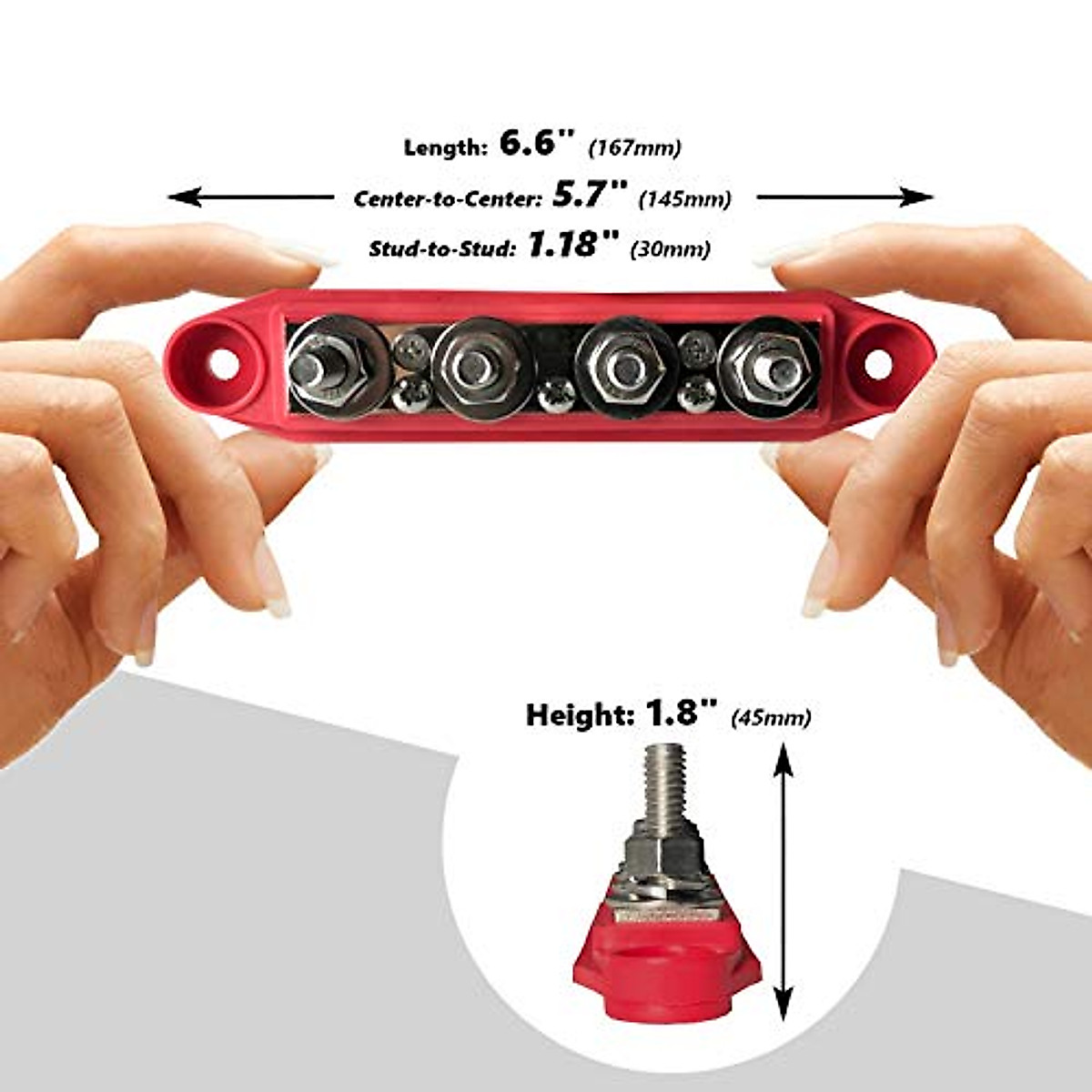 MGI SpeedWare 4-Post Power Distribution Block Busbar 5/16" Studs with Cover, 250 AMP Rating for Automotive, Marine, and Solar Wiring (Red)