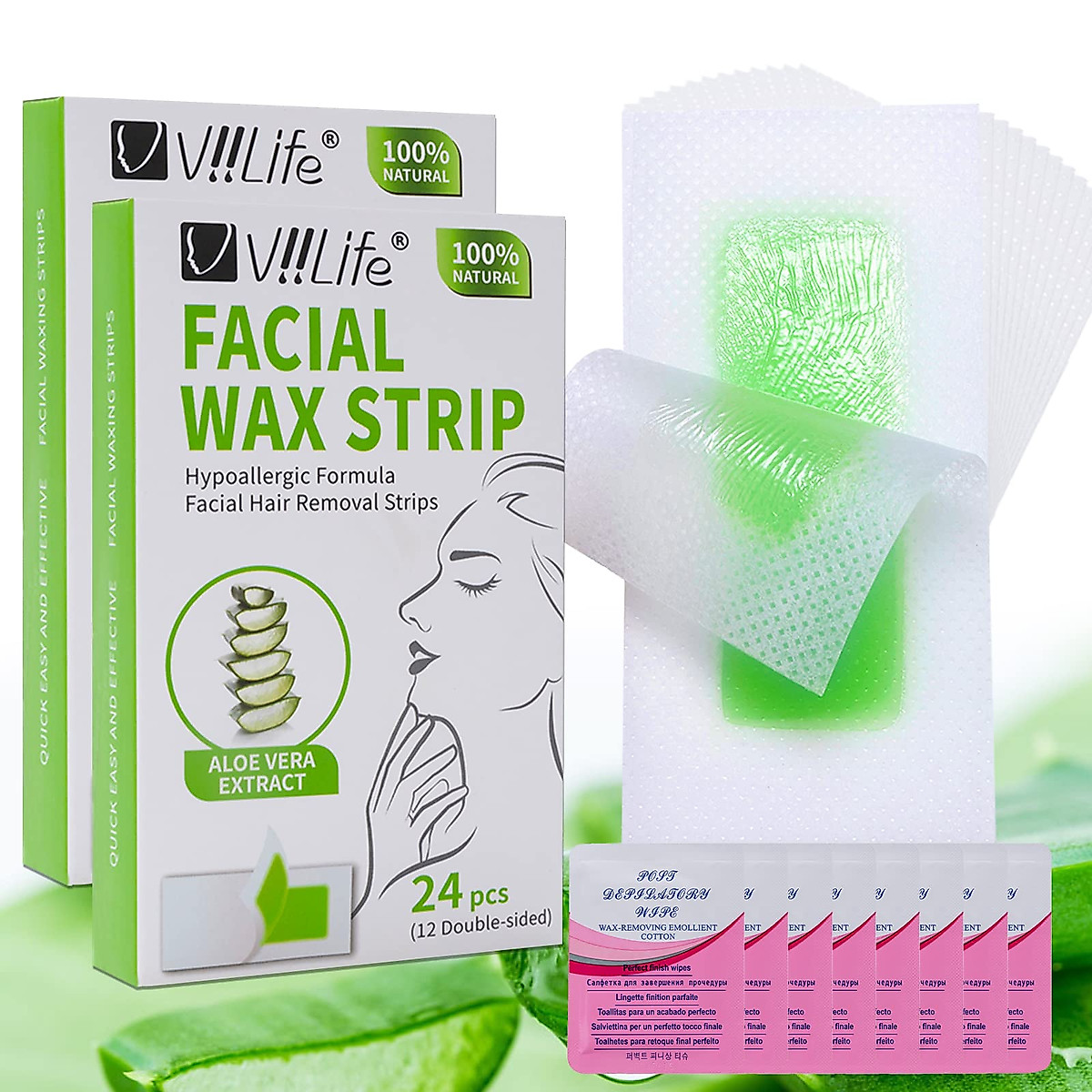 Viilife 48 Pcs Facial Wax Strips 24 Double Sides Mini Wax Strips Hair Removal at Home Waxing Hair Removal for Women's Facial Eyebrows Upper Lip and Chin with 8 Calming Wipes