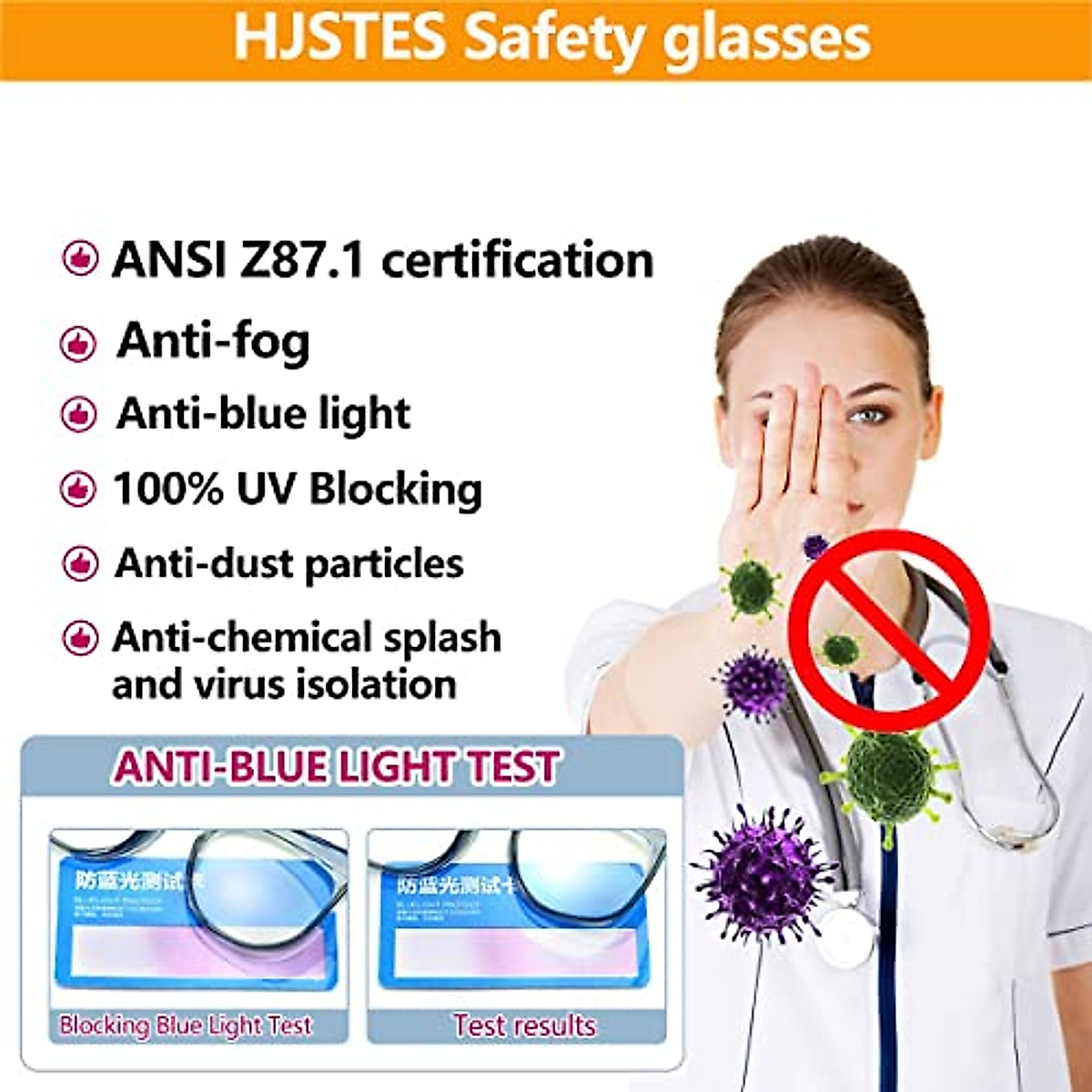HJSTES Safety Glasses for Women Anti Fog Nurse Safety Goggles Clear Frame Blue Light Protective Glasses(Black)