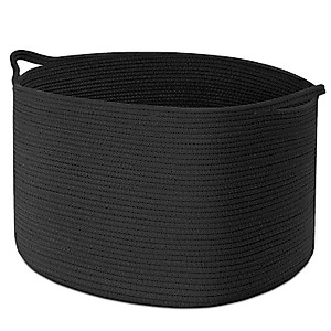 Blanket Basket Living Room, Cotton Rope Basket for Storage, Maliton Woven Extra Large Basket, 22" x 14" Nursery Laundry Basket with Handles, Toy Storage Basket Bin for Baby and Pet, Black