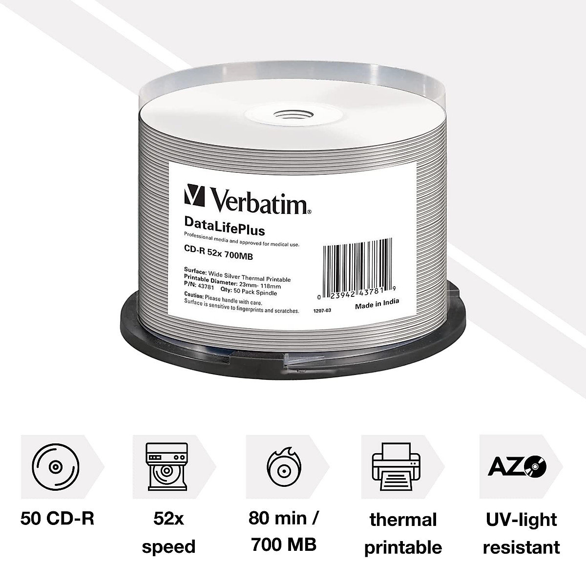 Verbatim 43781 CD-R 52x DataLifePlus Wide Thermal Printable CD-R Spindle - Silver