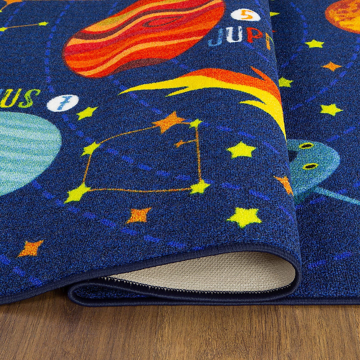 KC Cubs Outer Space Solar System Road Play Educational Learning & Fun Game Boy & Girl Kids Rug Carpet for Children Bedroom, Toddler Classroom and Baby Playroom Floor Mat, Playtime Adventure Activity