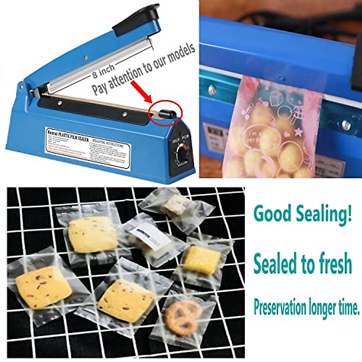 Impulse Heat Sealer 8 inch Impulse Bag Sealer Poly Bag Sealing Machine Heat Sealing Machine with Replacement Kit for Plastic Bags PE PP Bags