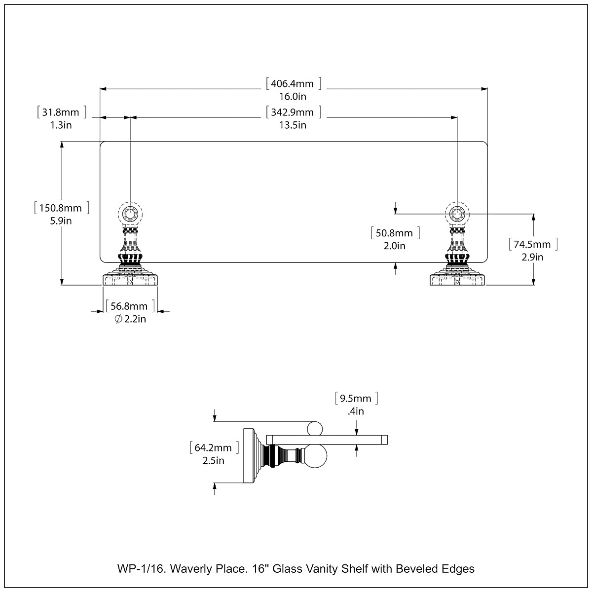 Allied Brass WP-1/16 Waverly Place Collection 16 Inch Vanity Beveled Edges Glass Shelf, Satin Chrome