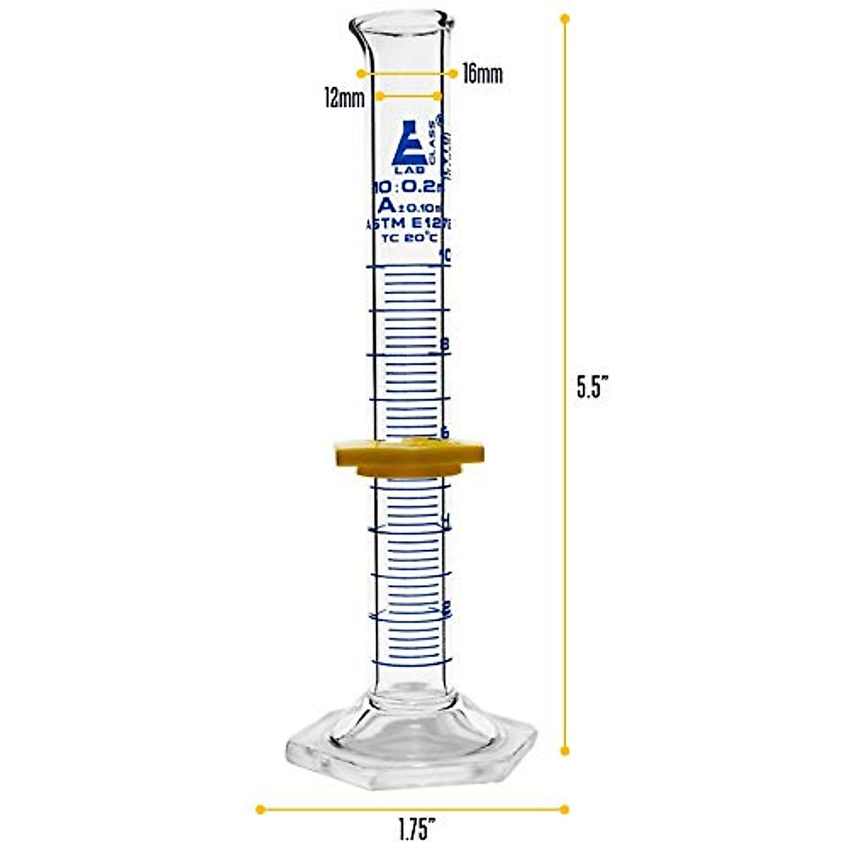 EISCO Graduated Cylinder, 10mL - ASTM, Class A Tolerance ±0.10mL - Protective Collar, Hexagonal Base - Blue Graduations - Borosilicate 3.3 Glass