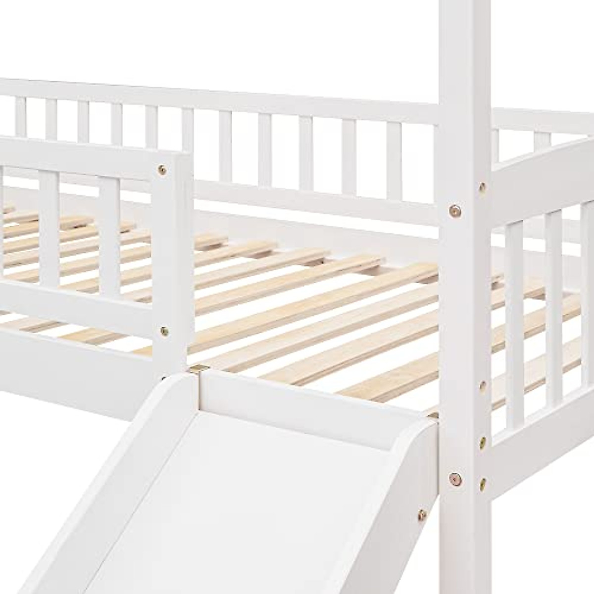BOVZA Twin Size House Loft Bed with Convertible Slide and Ladder, Low Loft Bed with Roof and Guardrails, Wood Loft Bed Frame for Kids Boys Girls Teens, White