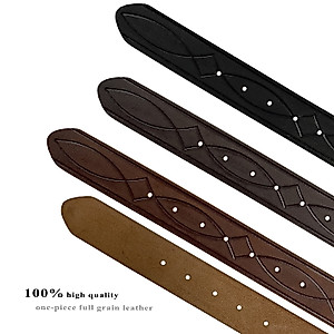 One Piece Genuine Full Grain Leather Hand Tooled Engraved Belt Strap 1-1/2" Wide (Black, 38)
