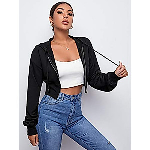 WDIRARA Women's Drop Shoulder Zip Up Drawstring Hoodie Black M