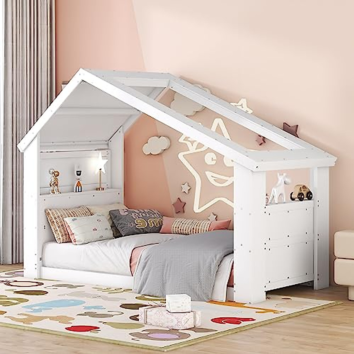 MERITLINE Twin House Bed for Kids Montessori Floor Bed with Roof Window, LED Light, No Box Spring Needed, for Girls Boys (Twin Size, White)
