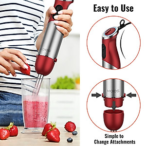 KOIOS 800W 4-in-1 Multifunctional Hand Immersion Blender, 12 Speed 304 Stainless Steel Stick Blender, Titanium Plated, 600ml Mixing Beaker, 500ml Food Processor, Whisk Attachment, BPA-Free, Red