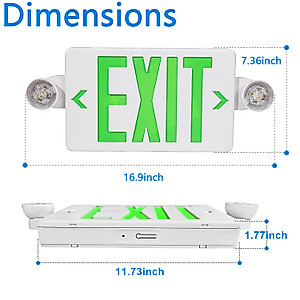 Green LED Exit Sign Emergency Lights with 2 Adjustable Head Lights, Green Letter Emergency Exit Lighting With Battery backup, US Standard Double Sided ABS Fire Resistant UL 924 AC 120/277V (12-Pack)