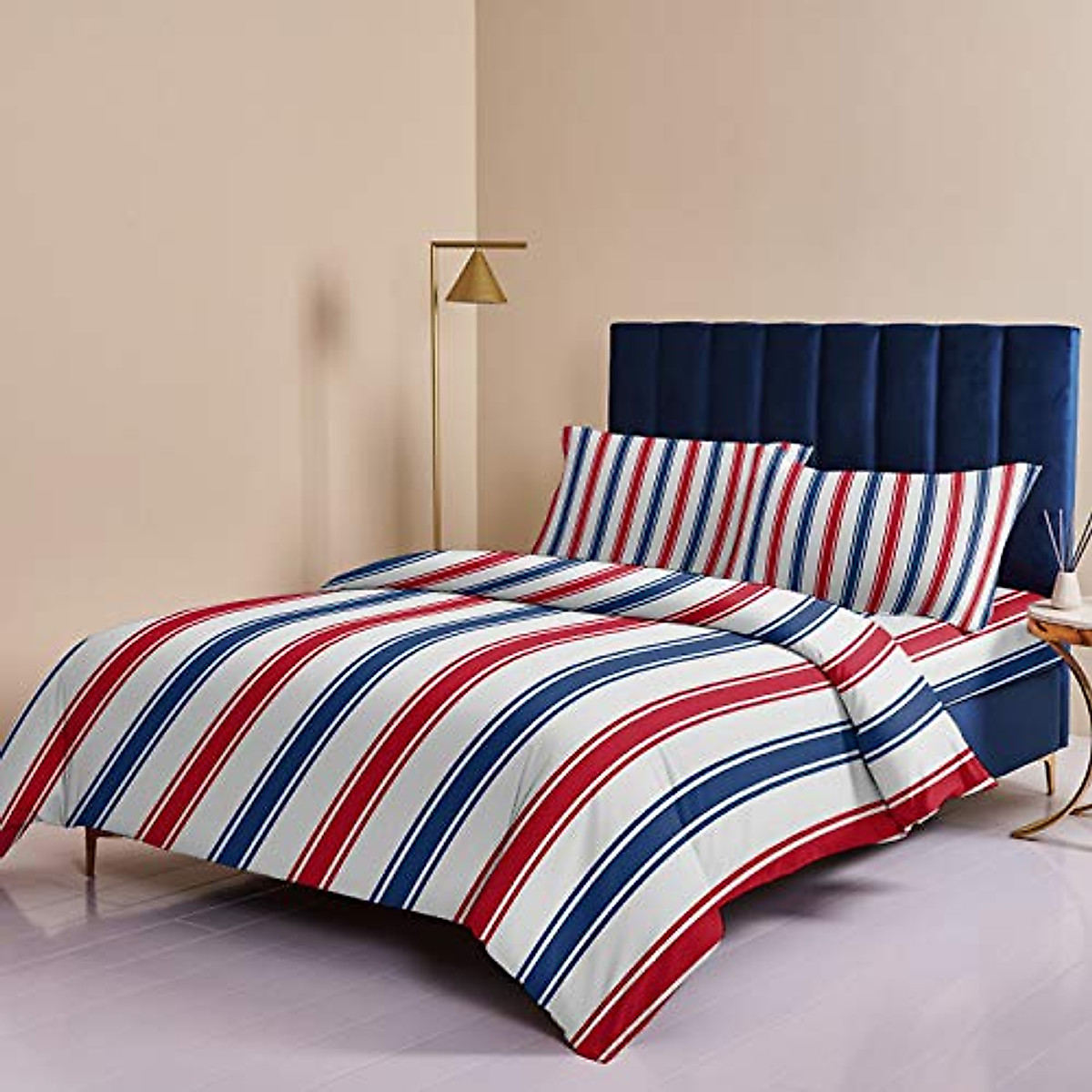 Independence Day California King Duvet Cover Set 4 Pieces Modern Geometric Striped Print Bedding Sets, Soft Quilt Covers with Zipper Closure and 1 Bed Sheets 2 Pillow Shams Colorful Blue Red White
