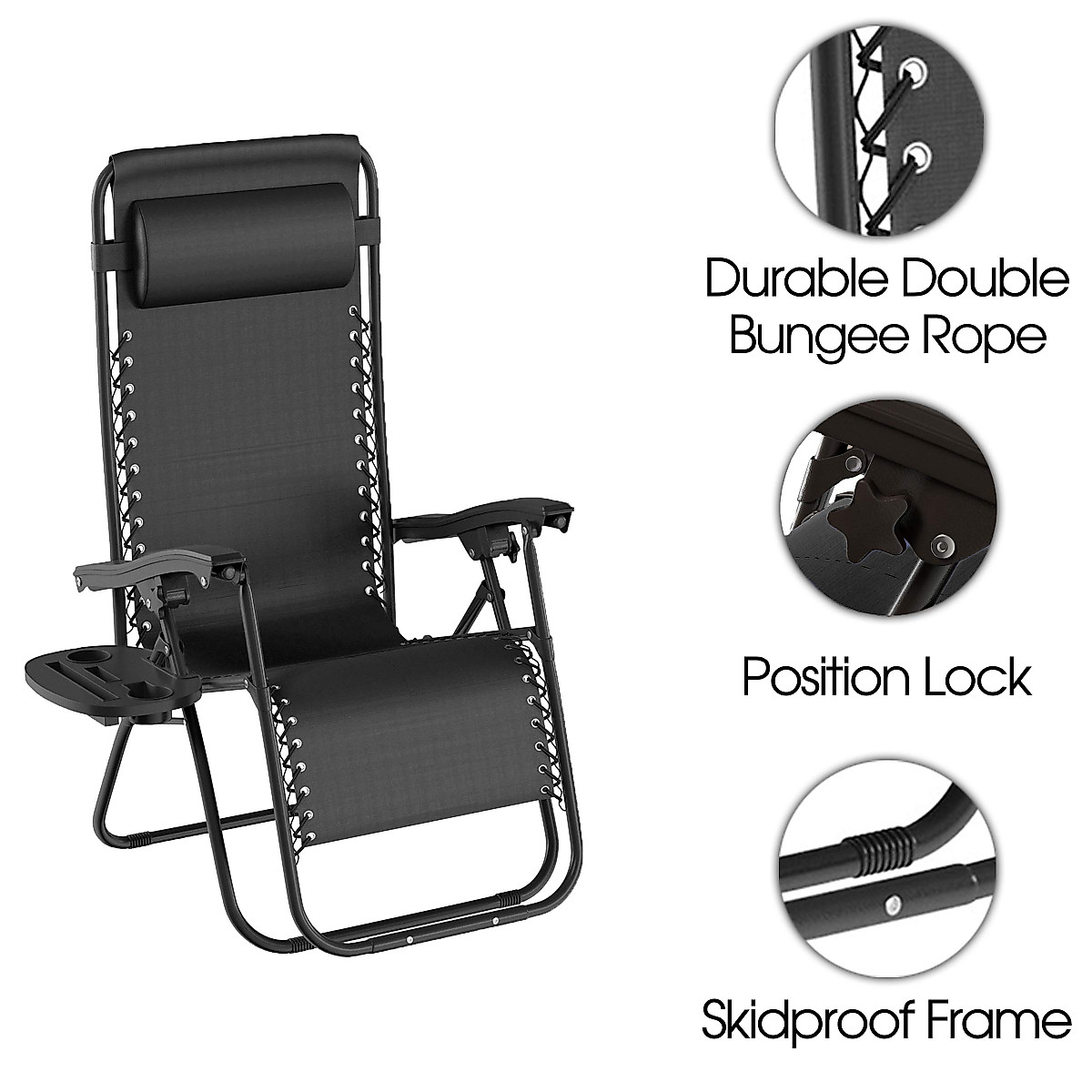 Lavish Home Set of 2 Zero-Gravity Chairs - Folding Patio Furniture - Outdoor Recliners with Side Table, Cup/Phone Holder, and Chair Pillow (Black)