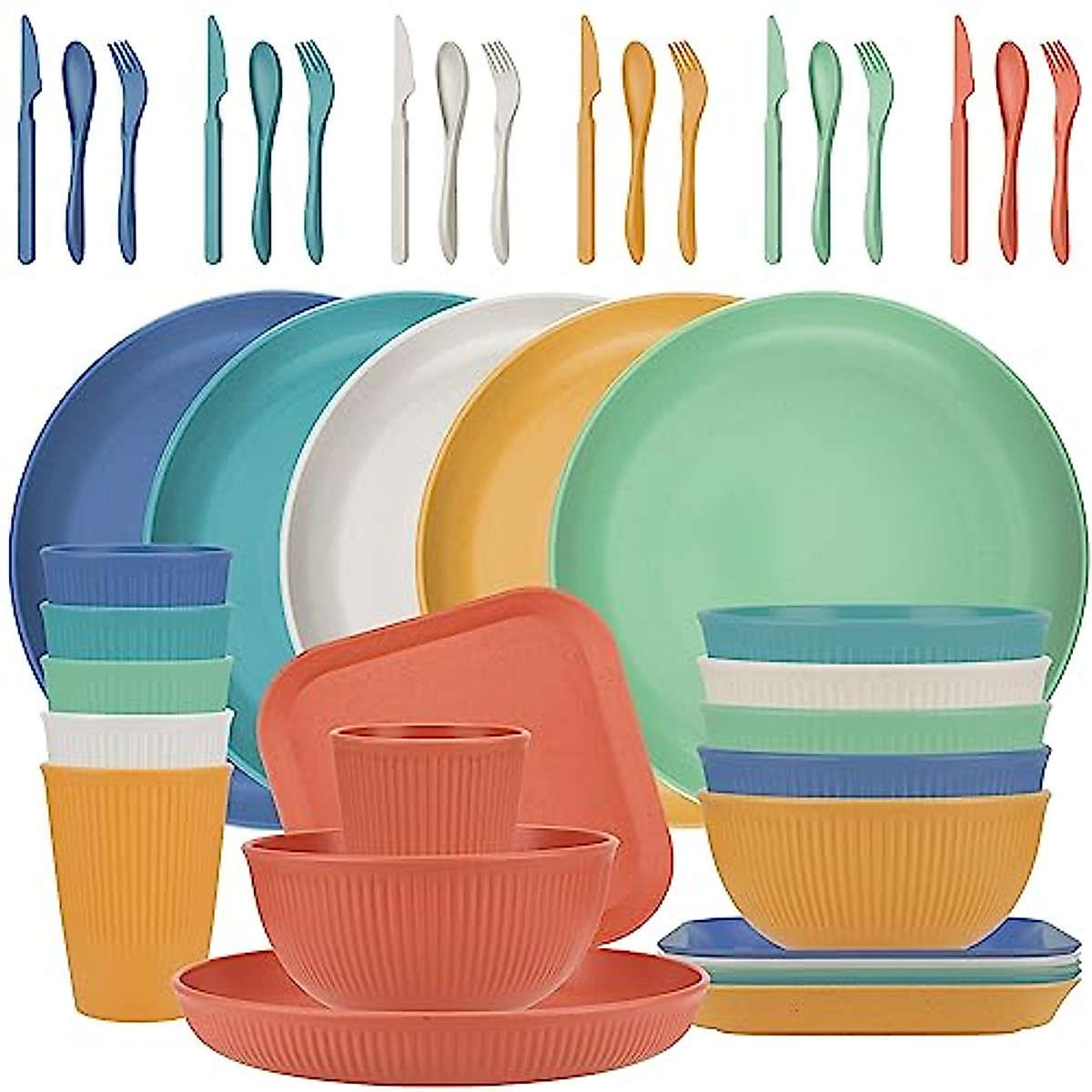 42-Piece Wheat Straw Dinnerware Set, Plastic Dinnerware Set, Plates, Dishes, Bowls, Cups, Cutlery Set, Service for 6, Lightweight Unbreakable Plates and Bowls Sets, Dishwasher Microwave Safe