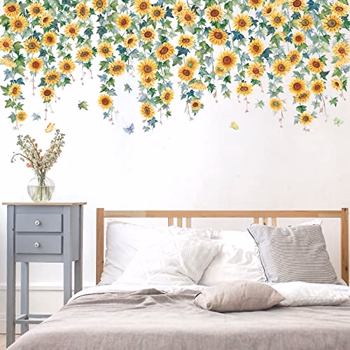 Sunflower Wall Sticker Flower Vines Hanging Wall Decal Green Leaves Floral Wall Art for Bedroom Bathoom Kids Wall Decor