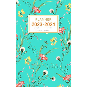 Planner July 2023-2024 June: 5x8 Weekly and Monthly Organizer Small | Watercolor Natural Wildflower Design Turquoise