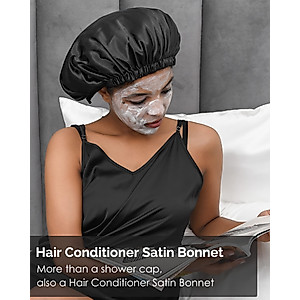 Yanibest Shower Cap for Women - Hair Satin Bonnet Shower Cap for Men Waterproof Extra Large Double Layer Reusable Adjustable for Braids Long Hair (Large,Black)