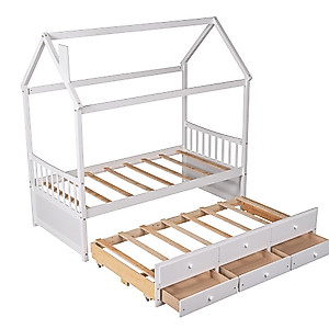Bellemave Twin House Bed with Trundle and 3 Storage Drawers, Twin Captain's Beds Wooden Storage Daybed Frame for Kids Teens Boys Girls (Twin Size, White)