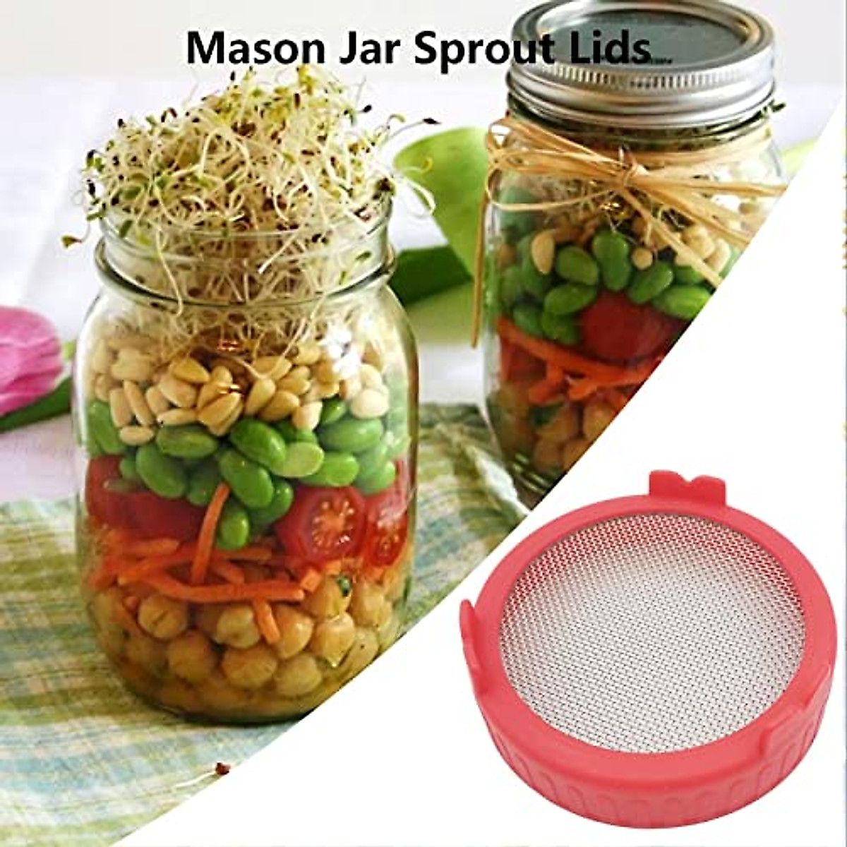 BAIRONG Mason Jar Screen Lids for Sprouting | Wide Mouth Mason Jars Lids | Alfalfa and Mung Bean Sprouts, Stainless Steel Mesh Screen Jar Strainer Sprout Lid for Broccoli Seeds, Alfalfa Adj