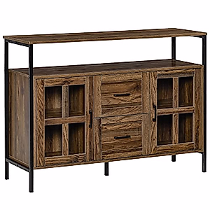 HOMCOM Industrial Sideboard Buffet Cabinet, Coffee Bar Cabinet with Adjustable Shelves, Glass Doors, and 2 Drawers for Kitchen, Living Room, Brown