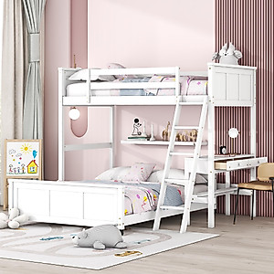 BIADNBZ Twin Over Full Bunk Bed with Desk and Drawers, Wooden L-Shaped Bunkbed Convertible to Loftbed and Platform Bedframe, for Kids/Teens/Aduts Bedroom, White