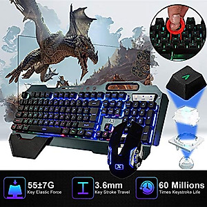 Wireless gaming Keyboard and Mouse,Rainbow Backlit Rechargeable Keyboard Mouse with 3800mAh Battery Metal Panel,Removable Hand Rest Mechanical Feel Keyboard and 7 Color Gaming Mute Mouse for PC Gamers