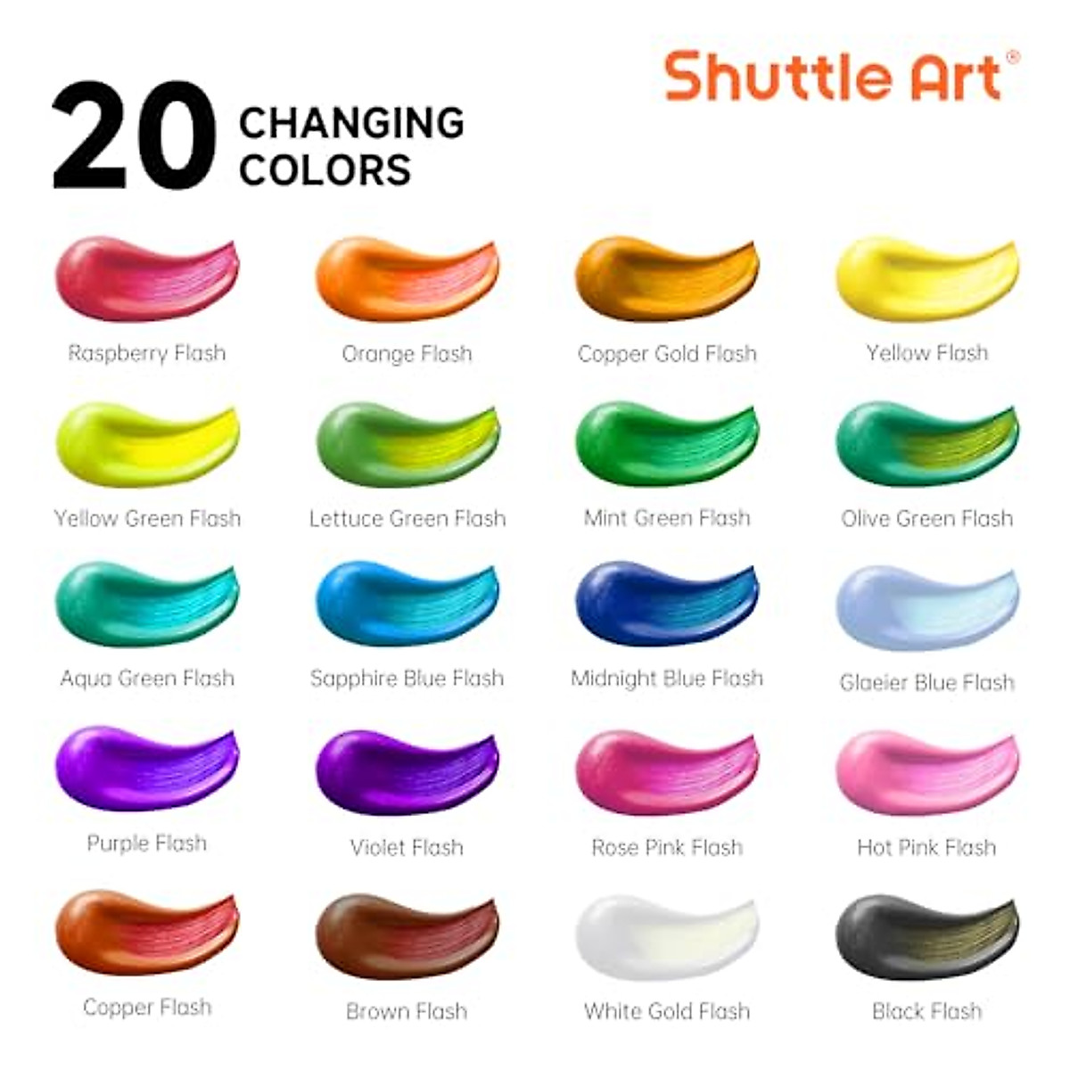Shuttle Art Color Change Acrylic Paint, 20 Chameleon Colors Acrylic Paint, 60ml/2oz Bottles, Iridescent Paint for Artists, Beginners, Kids Painting & Crafting on Canvas, Rocks, Wood, Fabric, Ceramic