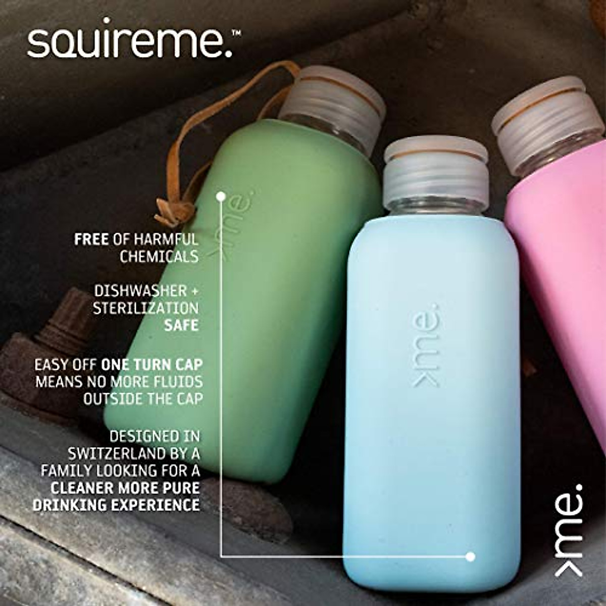 SQUIREME. Y1 Borosilicate Glass Water Bottles, Clear Bottle, Reusable, BPA Free, Tumbler, Dishwasher Safe, Drink Container, Silicone Sleeve, Easy-Off Lid, Hot and Cold Liquid, Concrete Grey 20oz