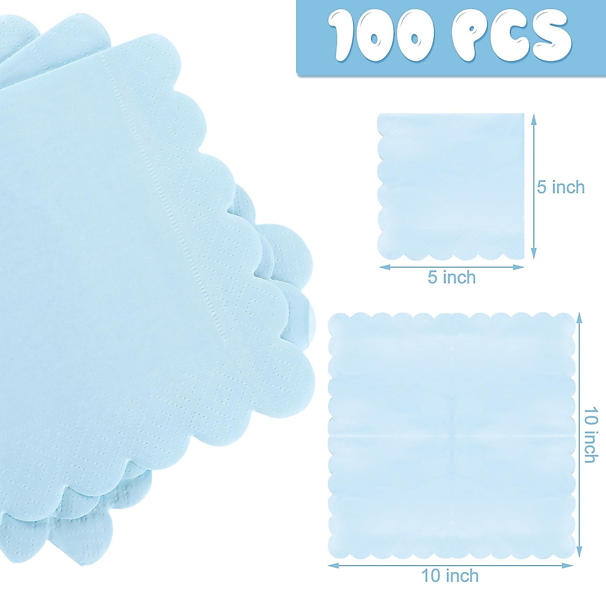 100 Pcs Scalloped Cocktail Napkins Thick Paper Napkins Disposable Party Napkins Beverage Napkins for Wedding Dinner Birthday Supplies, 5 x 5 Inches (Light Blue)