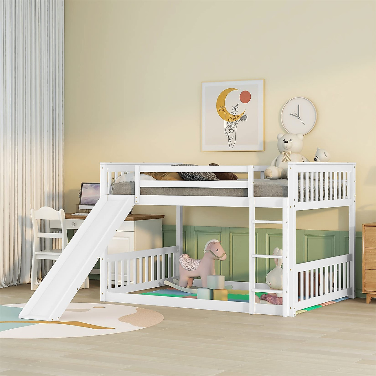 Bellemave Full Over Full Low Bunk Bed with Slide Wood Floor Bunk Beds with Ladder for Kids Boys Girls Teens, White