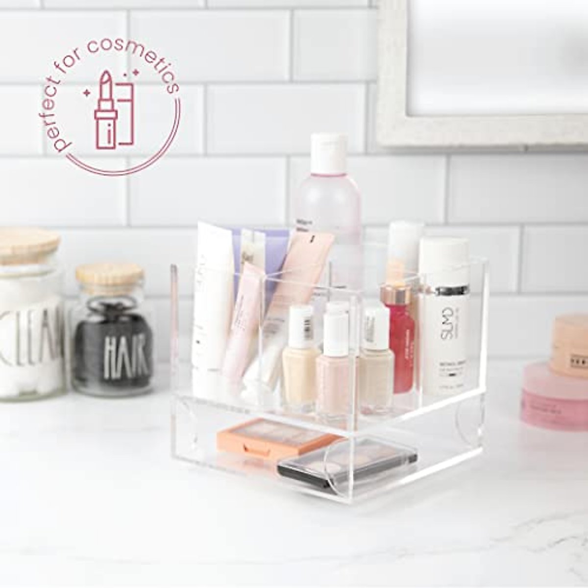 ELTOW Acrylic Swivel Silverware Caddy - Stylish Kitchen Table Organizer for Flatware, Cutlery, Arts, Cosmetic, Party with Napkin Holder - Made with Clear Lucite, Divided Storage Pantry Basket for Forks, Knives, Spoons, etc.