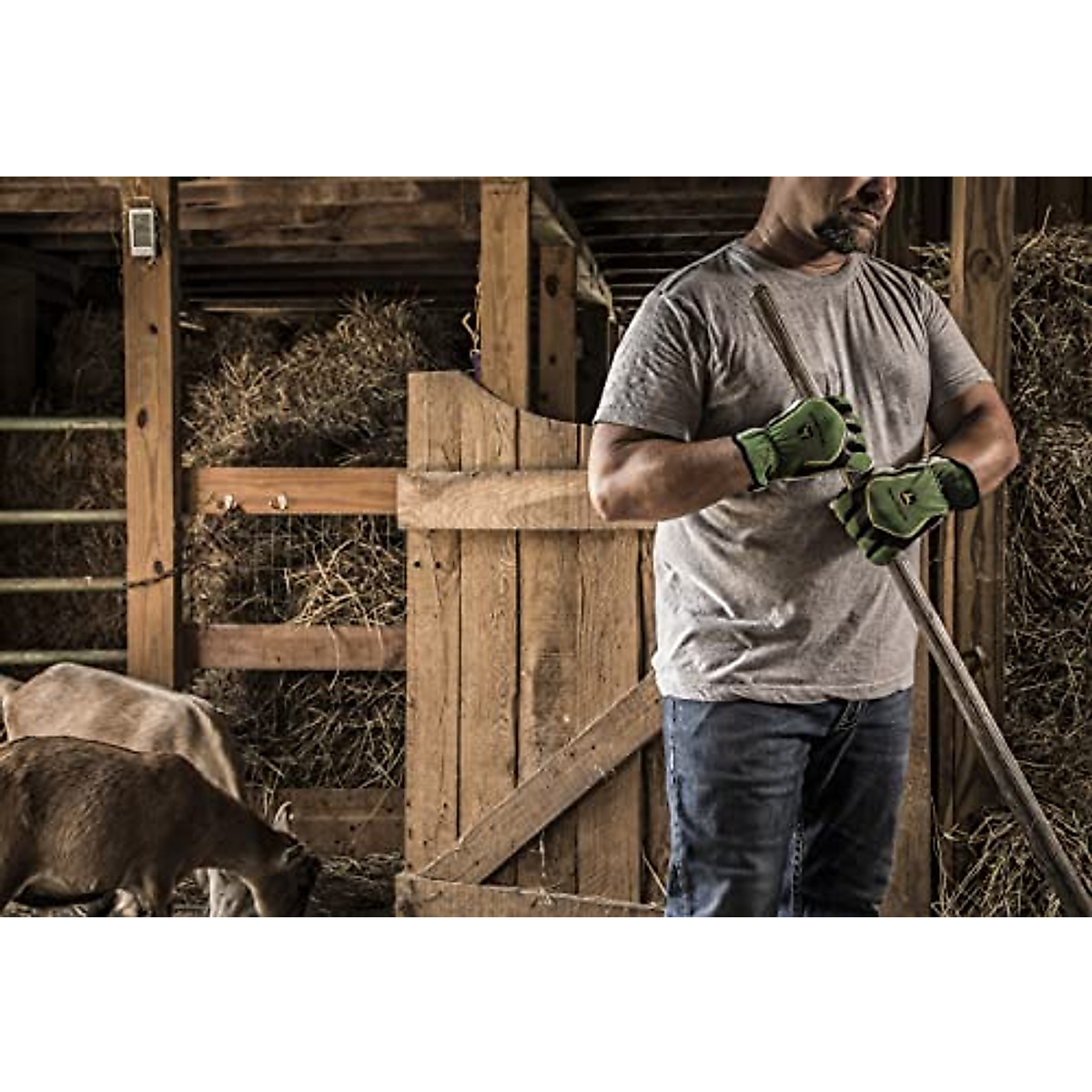 John Deere Men's Split Cowhide Leather Palm Gloves, Cut Resistant, Keystone Thumb, Flexible Fit, Green/Black, 2X-Large (JD00035-2XL)