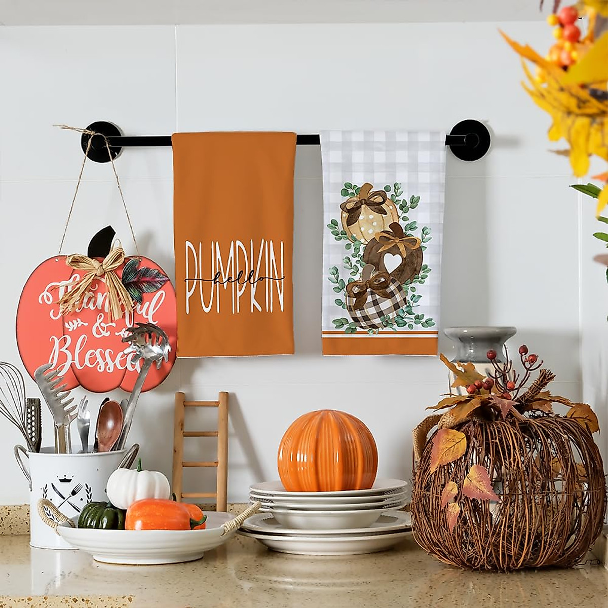 GEEORY Fall Kitchen Dish Towels Set of 2,Orange Pumpkin Eucalyptus Leaves 18x26 Inch Drying Dishcloth,Farmhouse Home Decoration GD155