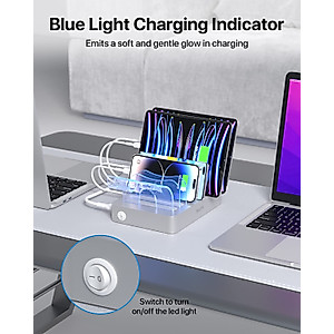 SooPii Premium 6-Port USB Charging Station Organizer for Multiple Devices, 6 Short Charging Cables and One Upgraded i-Watch Charger Holder Included, for Phones,Tablets and Other Electronics, Silver