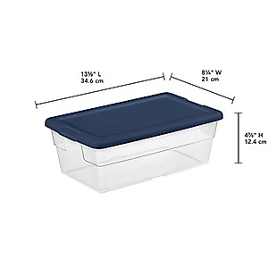 Sterilite Stackable 6 Quart Clear Home Storage Box with Handles and Blue Lid for Efficient, Space Saving Household Storage and Organization, 5 Pack