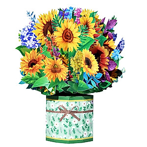 Sunflower 3D Pop-Up Card, Floral Greeting Card for Mother's Day, Summer Birthdays, Friendship Day, Graduation, Sunflower Bouquet Card for Mom, Grandma, Wife, or Friend, with Envelope and Note Card