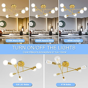 CANMEIJIA Modern Sputnik Chandelier, Ceiling Light Fixture Flush Mount 6-Lights Gold Chandeliers for Living Room Bedroom Dining Room Kitchen, Mid Century Chandeliers, E26 Base, Bulbs Not Included