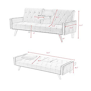 Verfur Button Tufted Convertible Futon Sofa Bed,Modern Velvet Upholstery Sleeper Couch Daybed with 2 Cup Holders and Square Armrests for Small Places Sofabed, Beige 72" with 1 Pillow