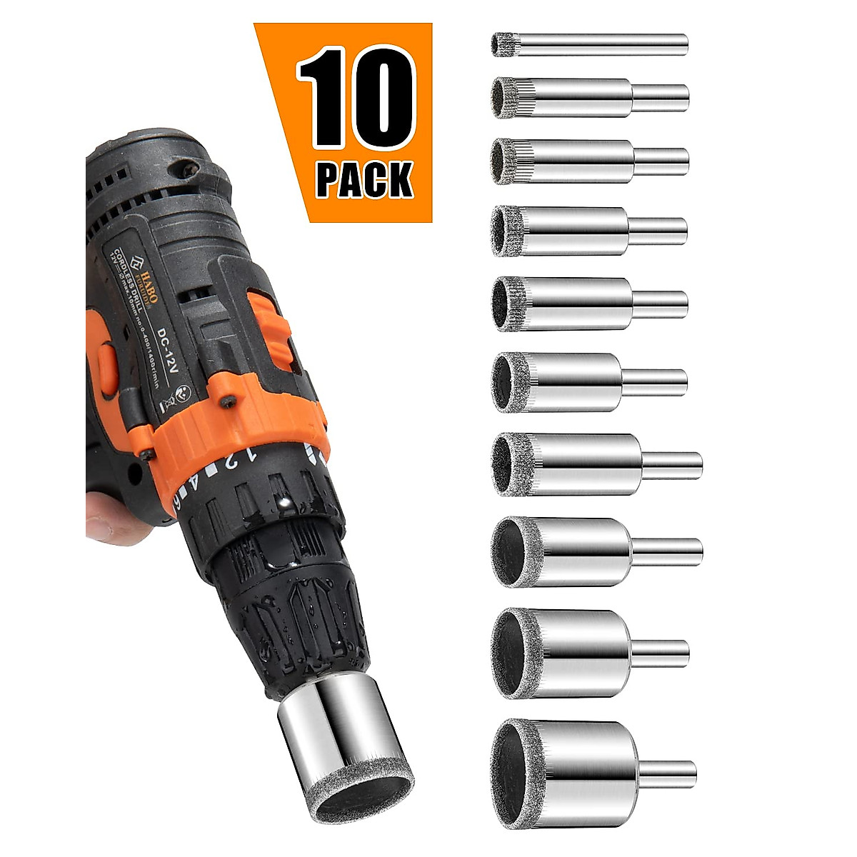 Diamond Drill Bits Set, 10 PCS Diamond Hole Saw Set, Glass Drill Bit for Ceramic Tile Porcelain Marble Granite Stone Bottles