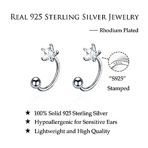Reffeer Solid 925 Sterling Silver Star Half Hoop Earrings Open Huggie Hoops for Women Ball Cuff Earrings Star (A-Silver)