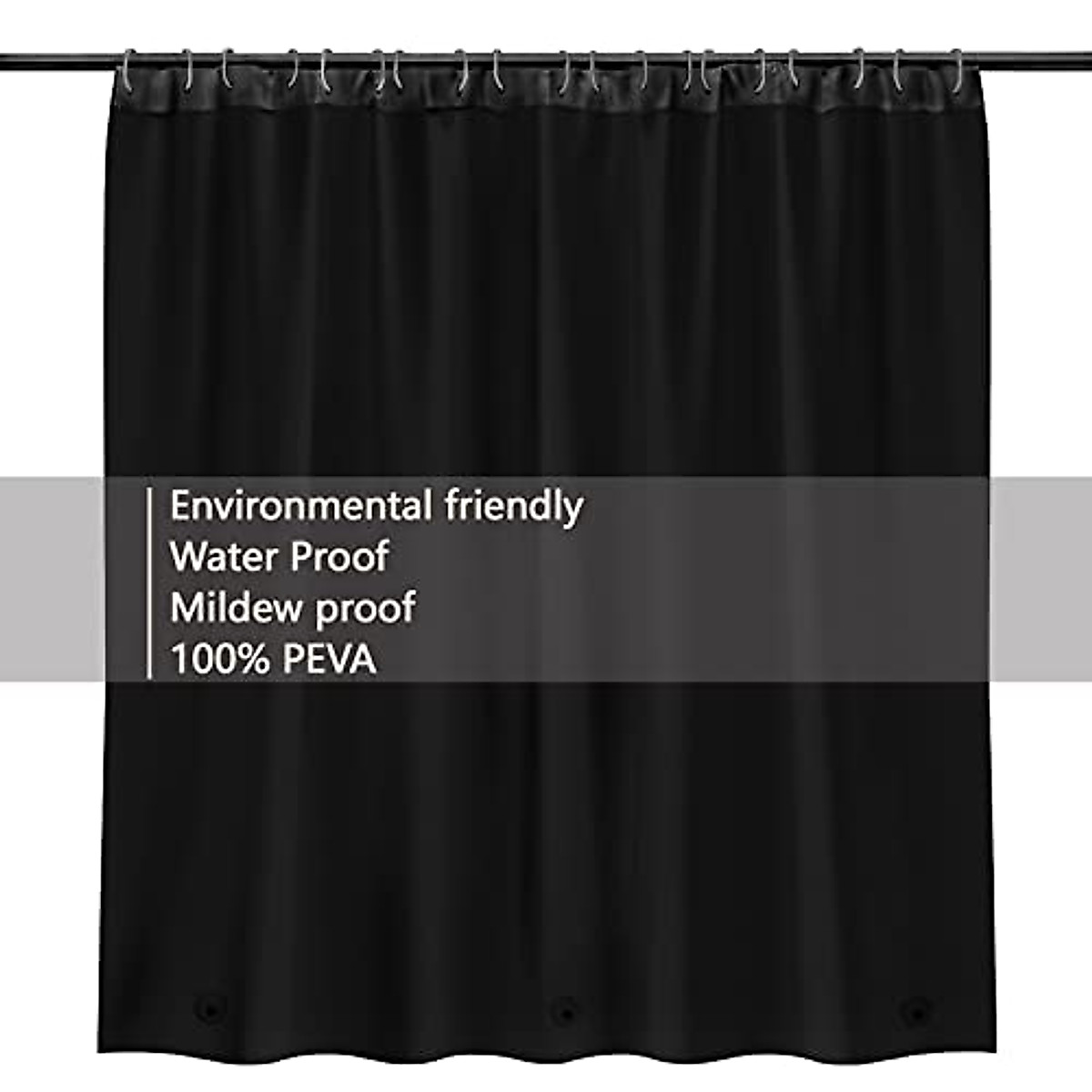 TIKABC Black Shower Curtain Liner, 4G PEVA Shower Liner, Non-Toxic Odor Free Plastic Waterproof Shower Curtains, 72x72 inch with Grommet Holes 3 Magnetic Weights(Black)