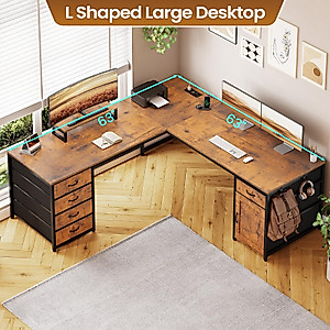 SEDETA L Shaped Desk, 63" Computer Desk with 5 Drawer & Power Outlet, Long Home Office Desk or Corner Desk, L Shaped Corner Desk with Monitor Shelf, Storage Cabinet, Rustic Brown