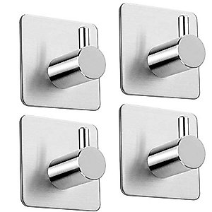 FrontTech Adhesive Hooks Heavy Duty Wall Hooks Waterproof Stainless Steel Hooks for Hanging Coat, Hat,Towel Robe Hook Rack Wall Mount- Bathroom and Bedroom 4-Packs