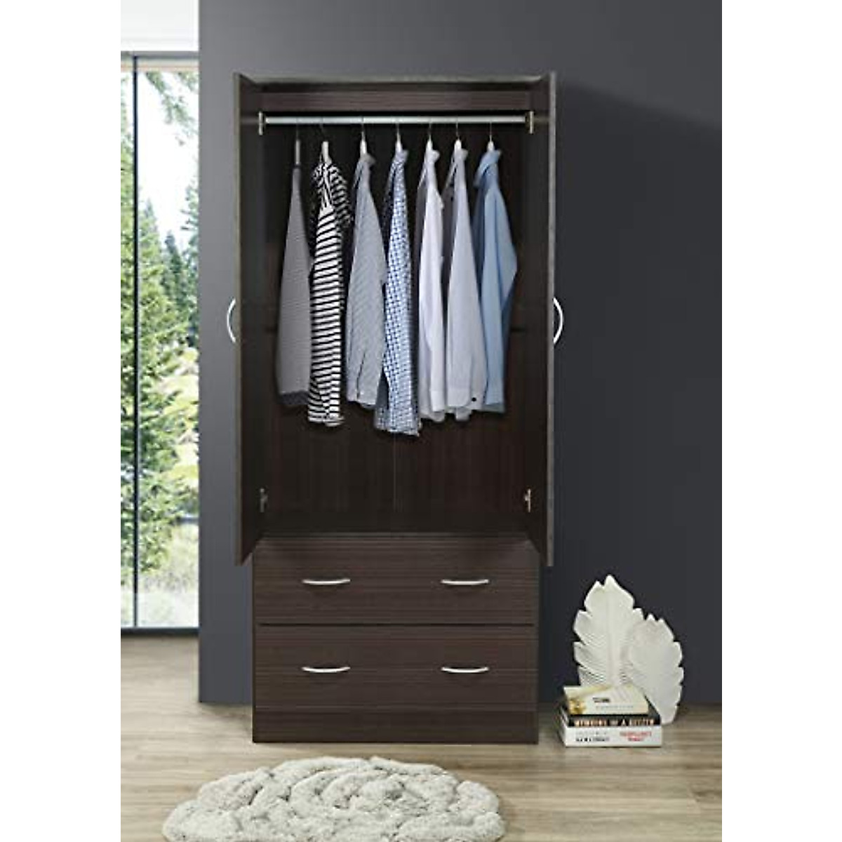 Hodedah Two Door Wardrobe with Two Drawers and Hanging Rod plus Mirror, Chocolate