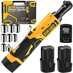 Alloyman 16.8V Cordless Electric Wrench Kit, 400 RPM 3/8 Inch Power Ratchet Wrench with Variable Speed Trigger 2-Pack 2.0Ah Li-Ion Batteries, 7 Sockets, 1/4in Adapter & 1-Hour Fast Charger