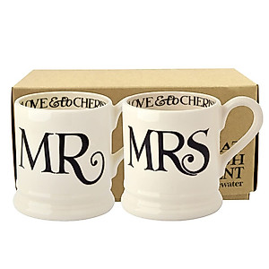 Emma Bridgewater Handmade Ceramic Black Toast Mr & Mrs Script Wedding Gift Set Of 2 Half-Pint Coffee and Tea Mugs