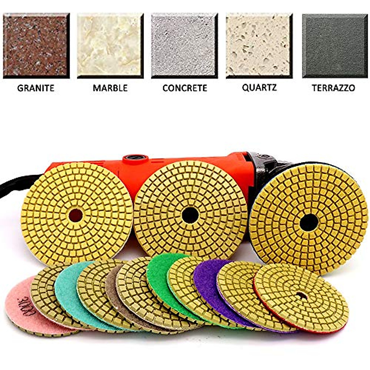 ADVcer 13pcs Diamond Polishing Pads, 4 inch Polish Pad 50 - 8000 Grit Wet Stone Polishing Kit with M10 Hook & Loop Backing Holder Disc for Granite Concrete Marble Quartz Countertop Tile Floor Polisher