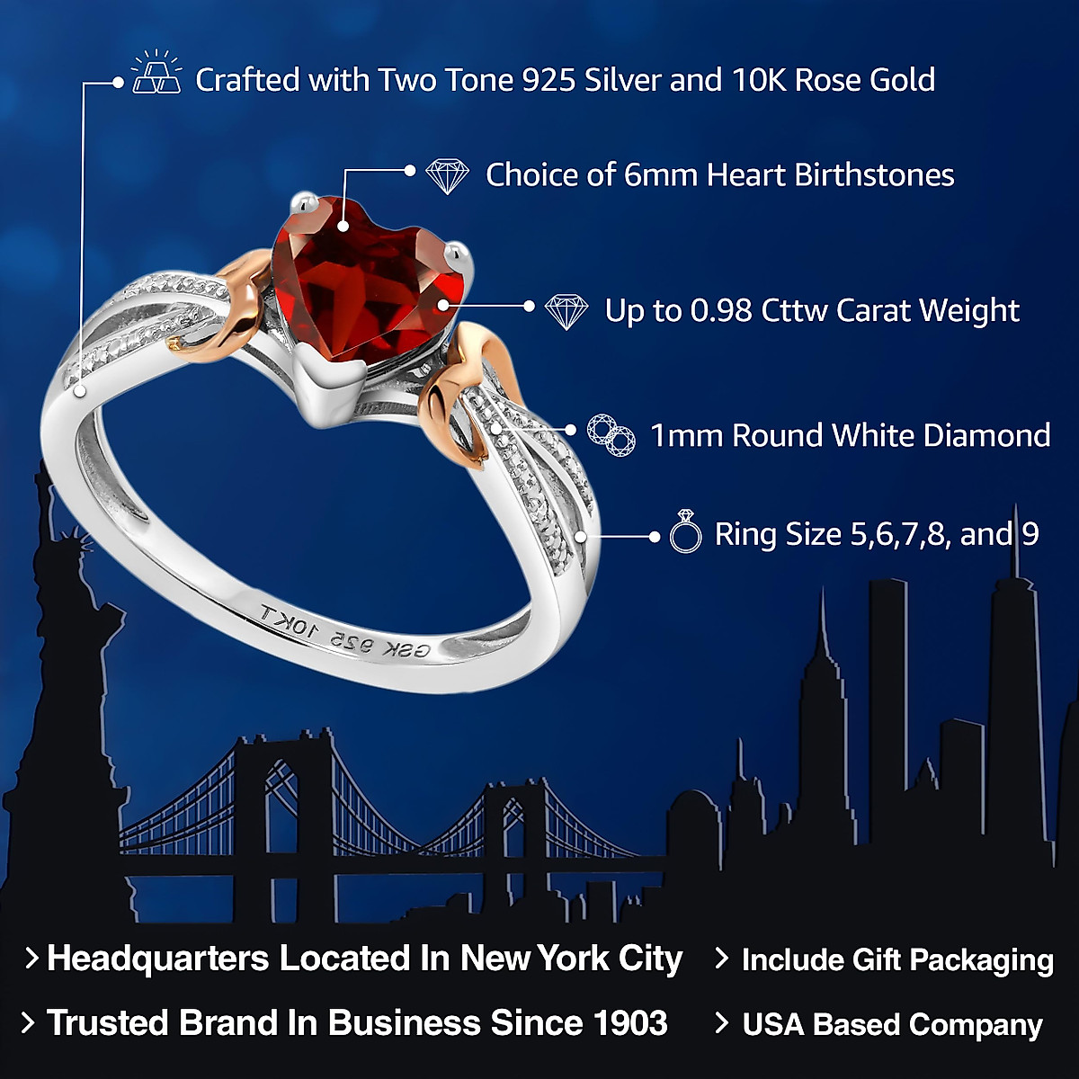 Gem Stone King 925 Silver and 10K Rose Gold 6MM Heart Shape Gemstone Birthstone and Diamond Engagement Ring | Wedding Anniversary Promise Ring For Women | Available In Size 5, 6, 7, 8, 9