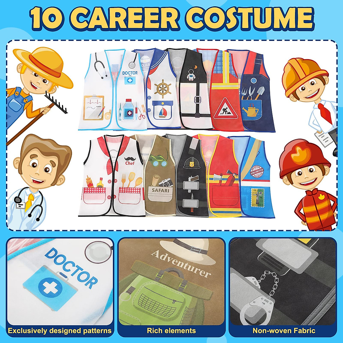 Geyoga 10 Pcs Kids Community Helper Dress Up Vest Career Cosplay Cloth Toddlers Occupation Pretend Play Costume (3-5 Years)