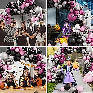 Bonropin 179pcs Pink Halloween Balloon Garland Arch Kit with Black Pink Silver Balloons Ghost Bat Foil Balloons 3D Bat Sticker for Girls Pink Halloween Decoration Birthday Baby Shower Party Supplies